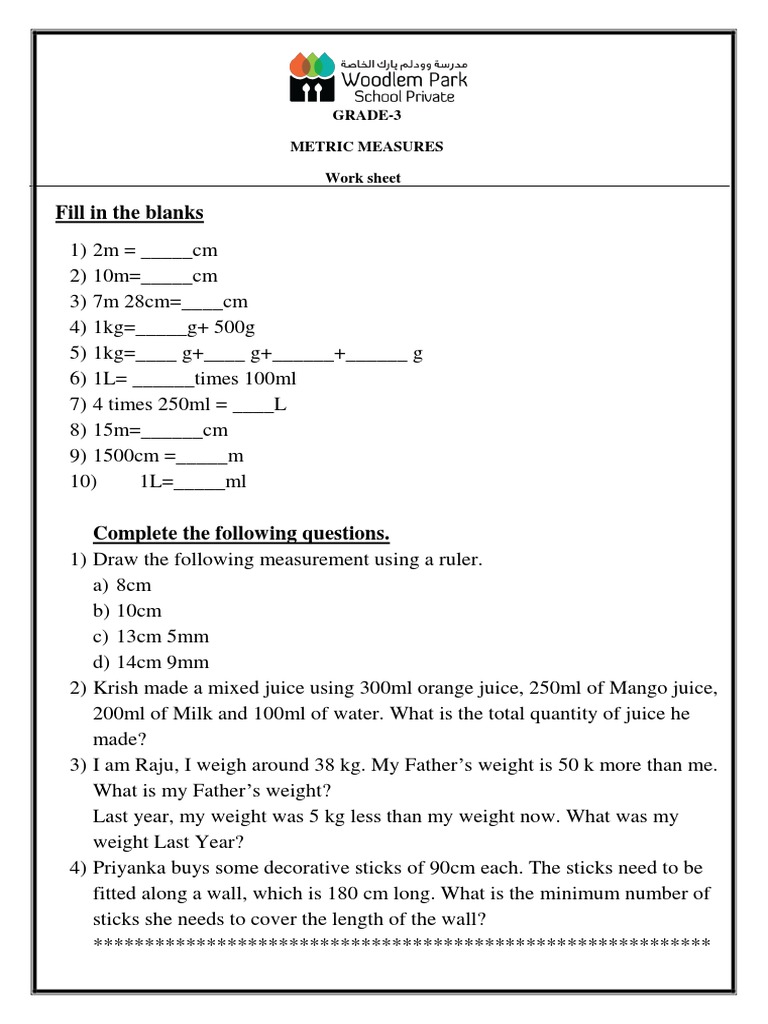 Metric Measures Worksheet | PDF