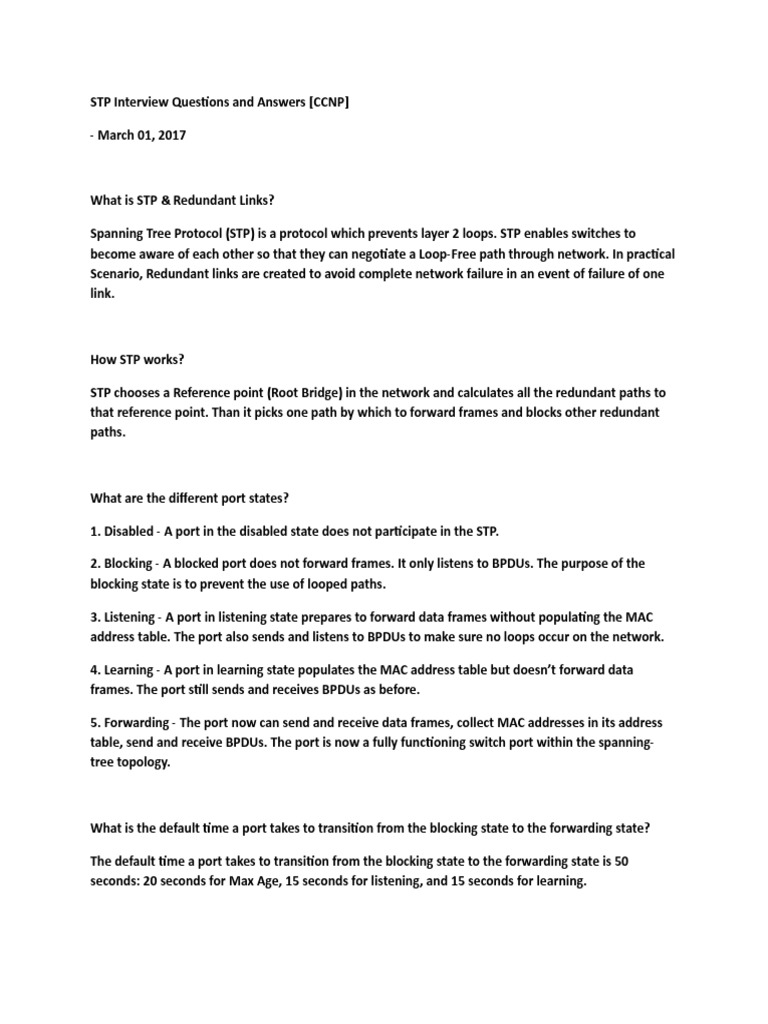 STP Interview Questions CCNP | PDF | Data Transmission | Network Architecture