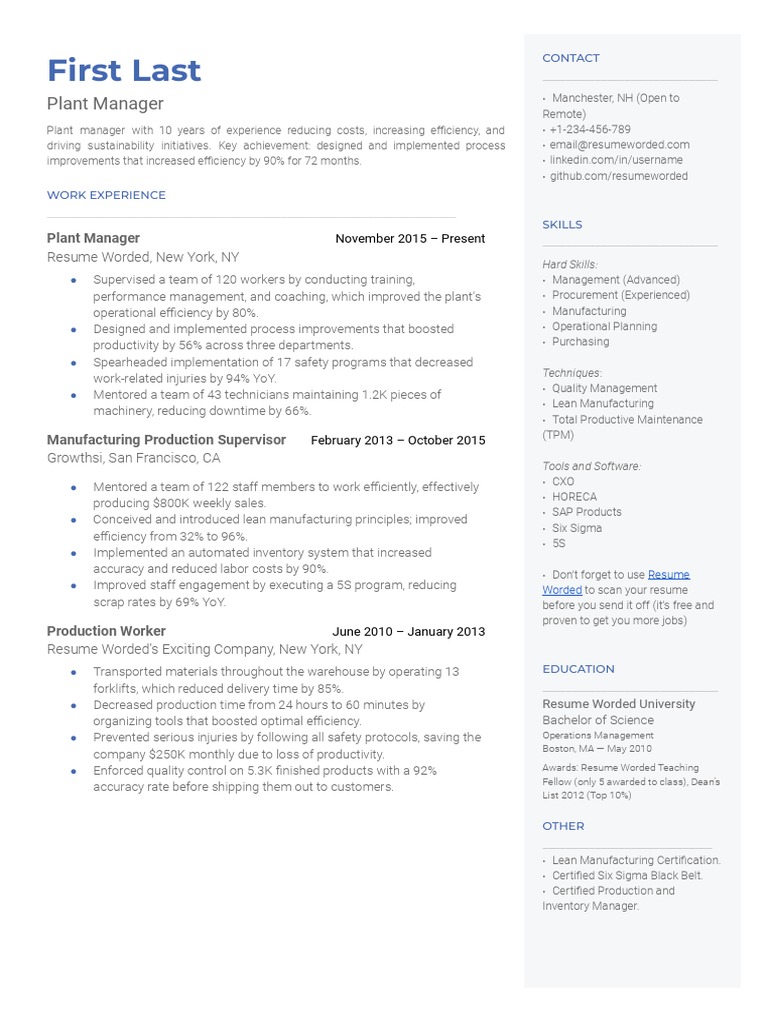 Plant-Manager - Template 10 | PDF | Lean Manufacturing | Six Sigma