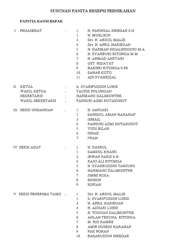Susunan Panita Resepsi Pernikahan: Panitia Kaum Bapak | PDF
