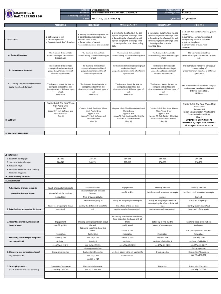 DLL - Science 4 - Q4 - W1 | PDF | Learning | Soil