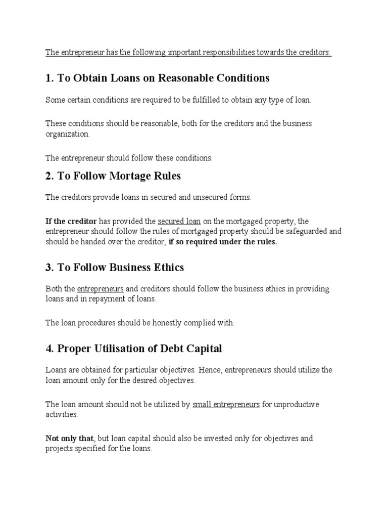 Entrepreneur Responsibilities Towards Creditors | PDF