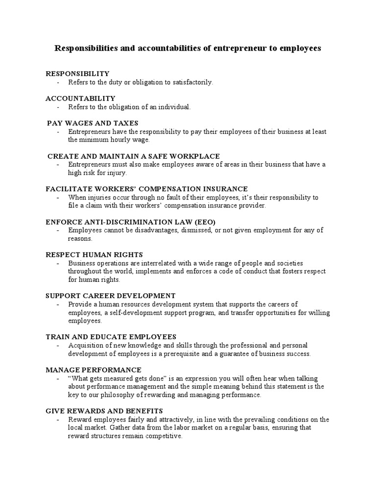 Responsibilities and Accountabilities of Entrepreneur To Employees | PDF