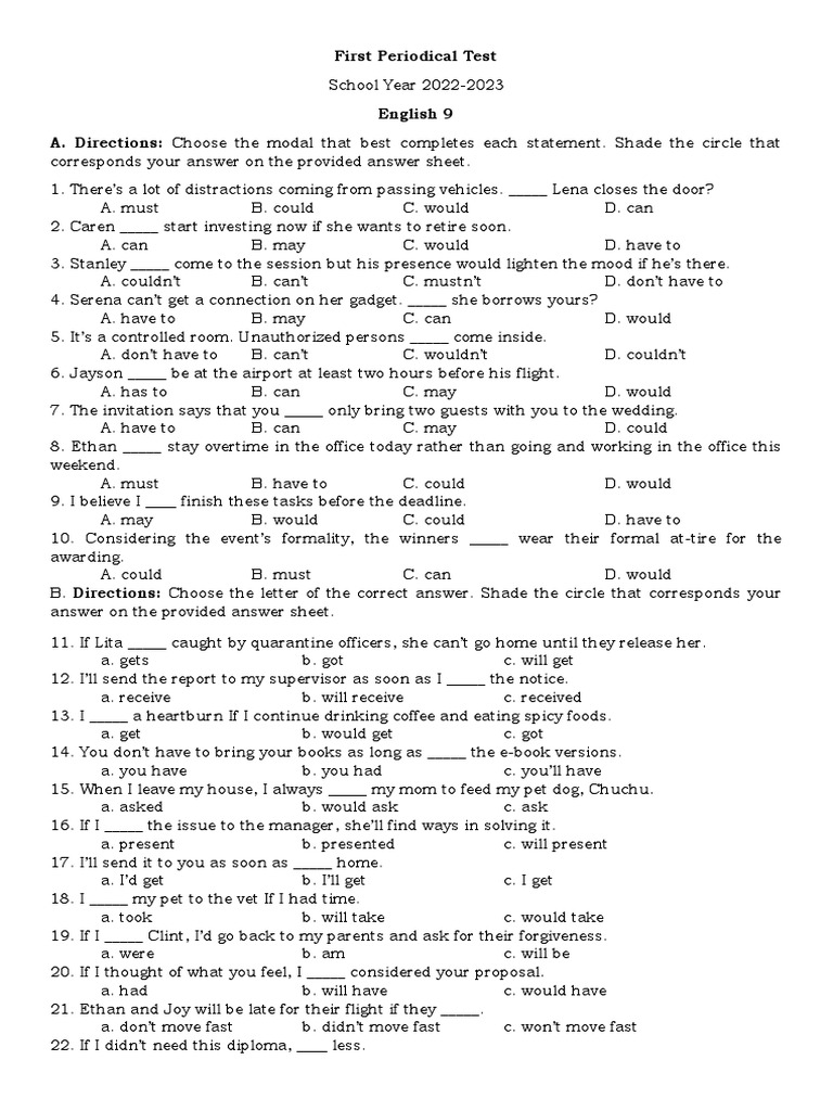 Grade 9 First Periodical Test | PDF | Verb | Linguistics