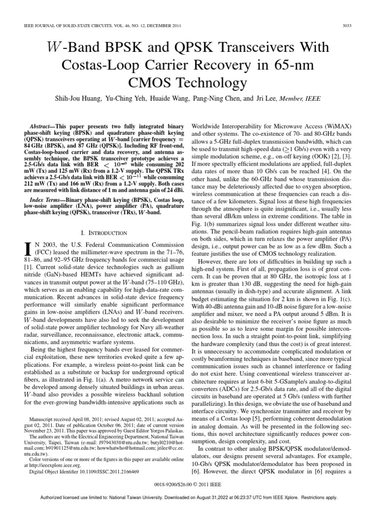 W Band Bpsk And Qpsk Transceivers With Costas Loop Carrier Recovery In 65 Nm Cmos Technology Pdf 