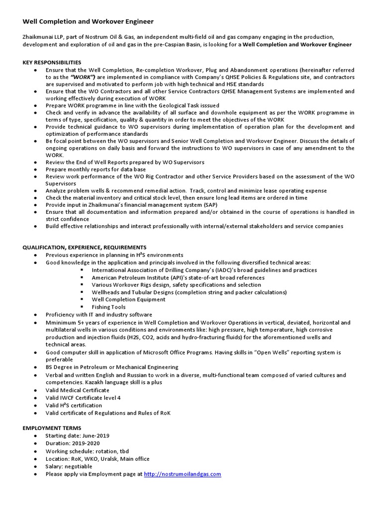 Well Completion and Workover Engineer | PDF