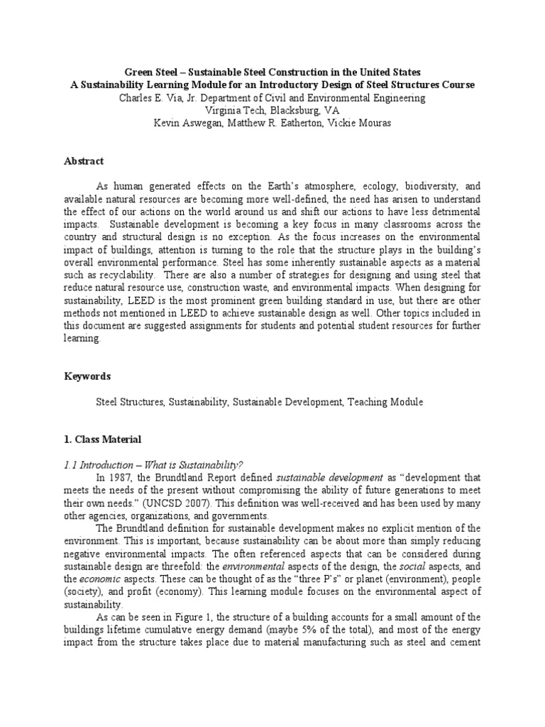 Green Steel Sustainable Steel Construction In The Us A Sustainability Learning Module For 