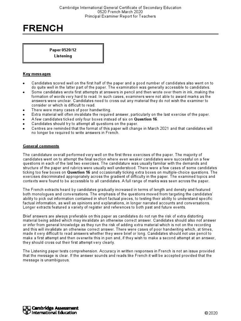 French: Paper 0520/12 Listening | PDF | Question | Grammatical Tense
