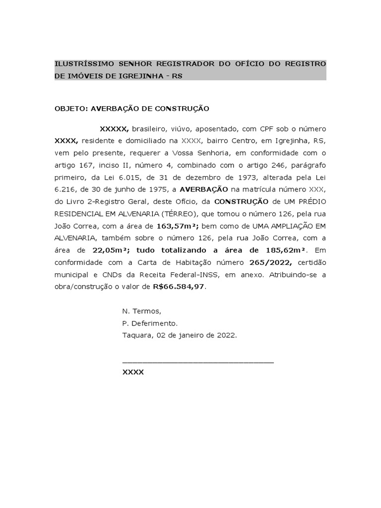 Requerimento Averbação Da Construção | PDF