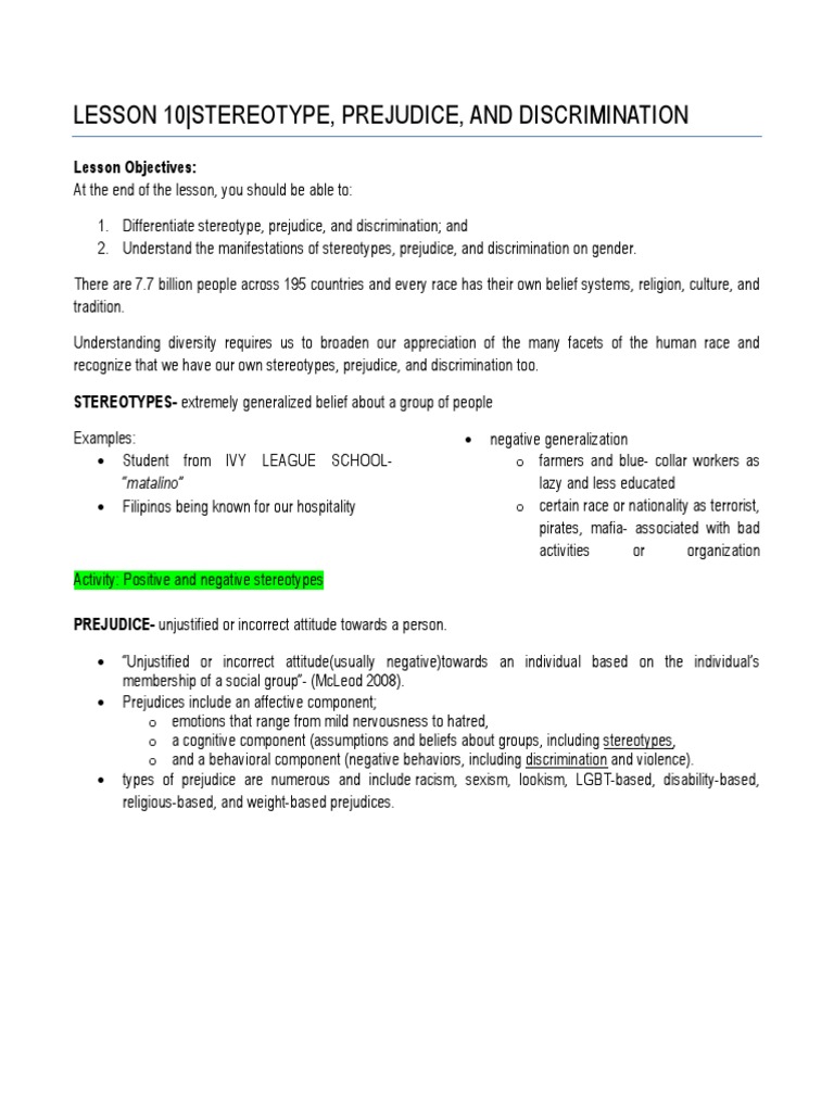 Lesson 10 Gened EL1 | PDF | Prejudices | Discrimination