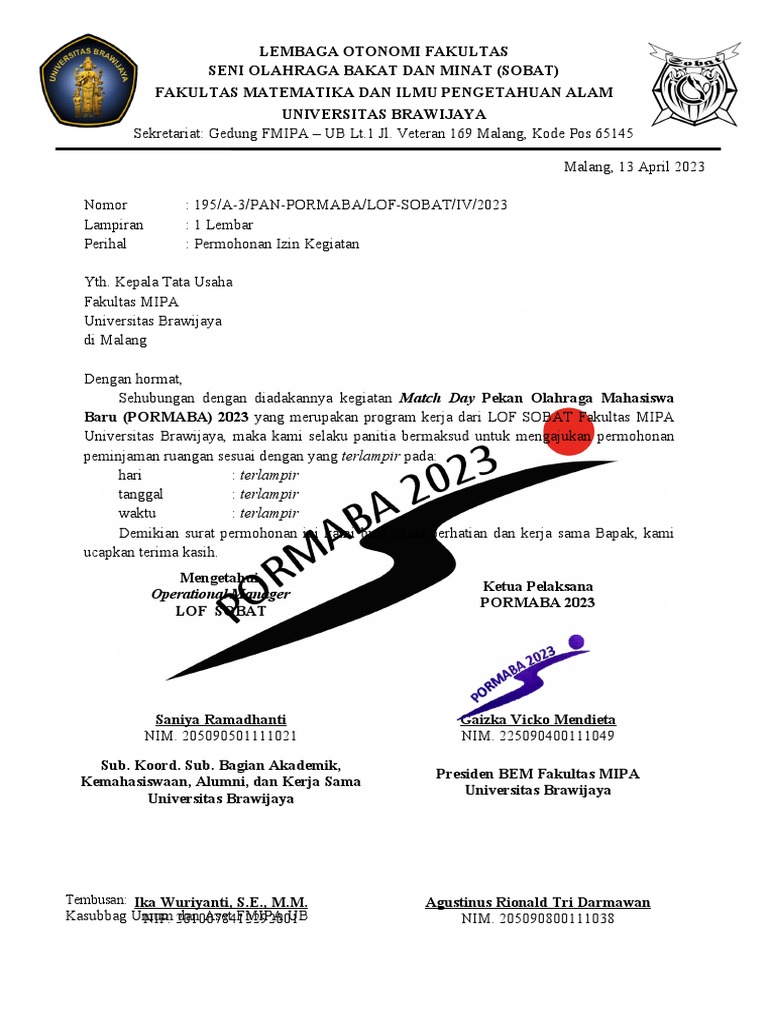 195 - Surat Permohonan Peminjaman Ruangan Match Day Week 6 | PDF