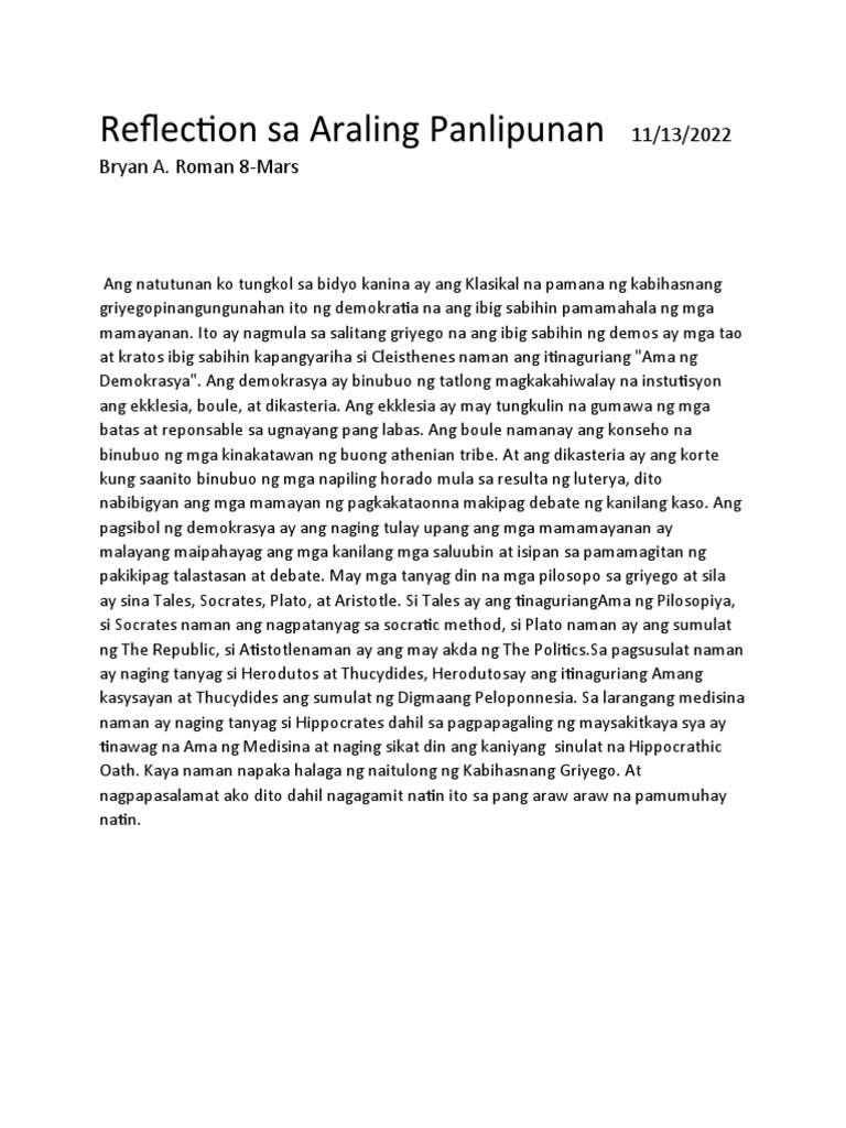 Reflection Sa Araling Panlipunan11.13 | PDF