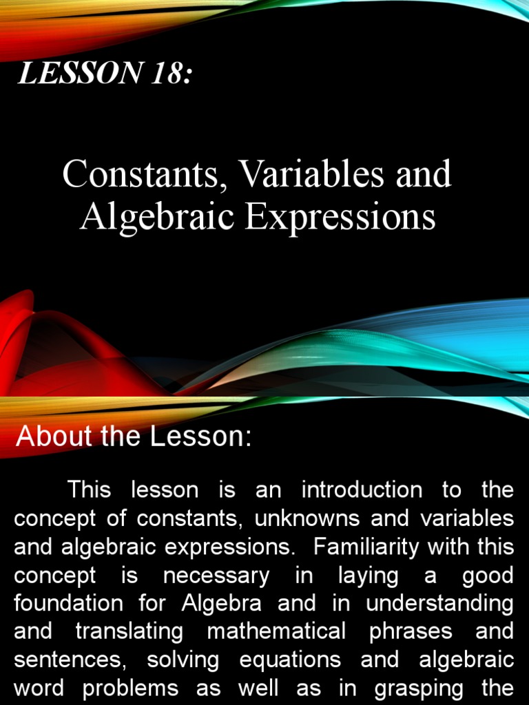 Lesson 18:: Constants, Variables and Algebraic Expressions | PDF | Algebra | Variable (Mathematics)