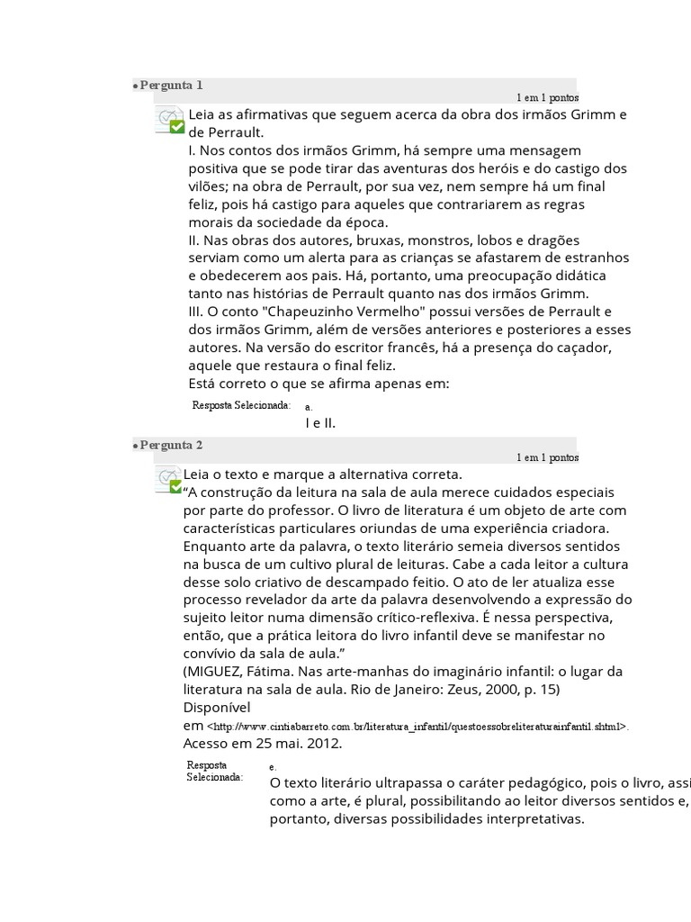 Pergunta 1: Resposta Selecionada: A | PDF | Romantismo | Contos