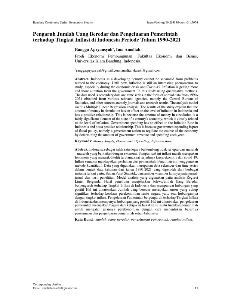 Pengaruh Jumlah Uang Beredar Dan Pengeluaran Pemerintah Terhadap Tingkat Inflasi Di Indonesia ...