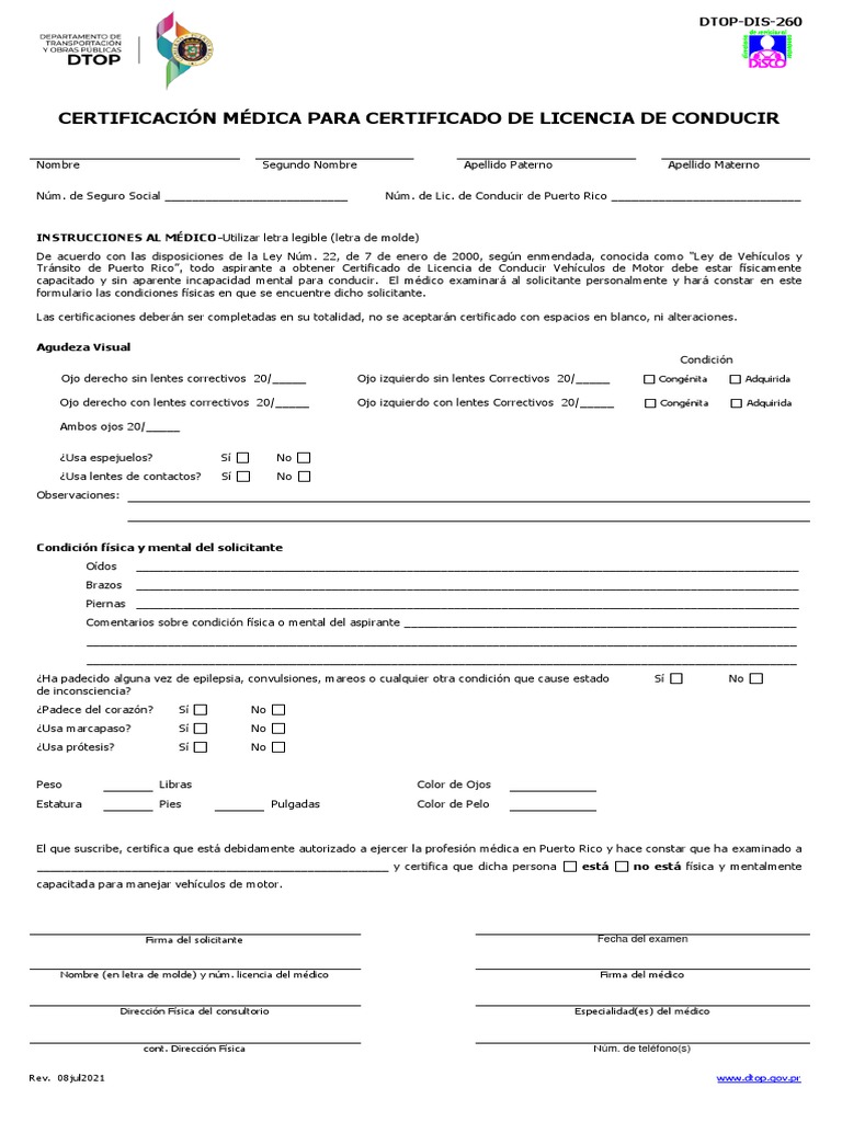 DTOP-DIS-260 Certificacion Medica para Certificado de Licencia de ...