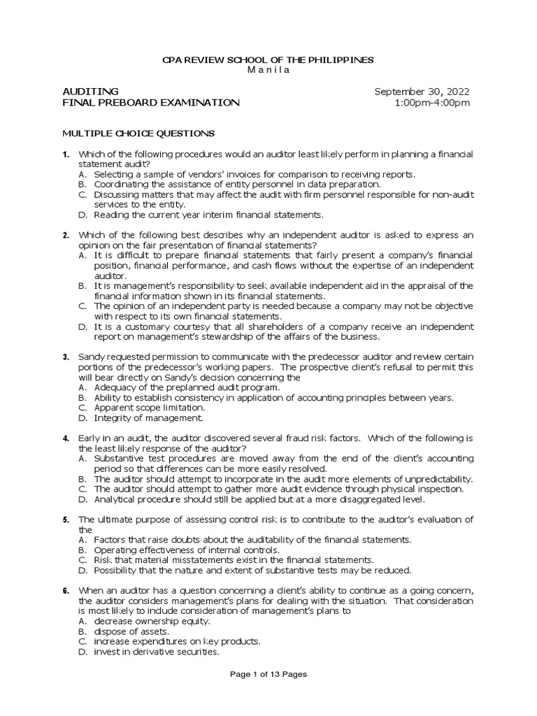 Analysis of an Audit Exam for Philippine CPA Candidates Focused on ...