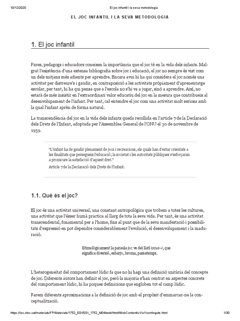 El Joc Infantil I La Seva Metodologia | PDF