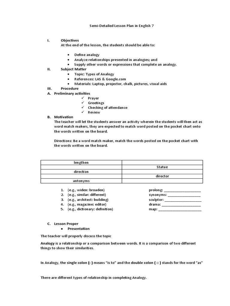 English7 - Lesson Plan (Type of Analogy) | PDF | Analogy | Lesson Plan