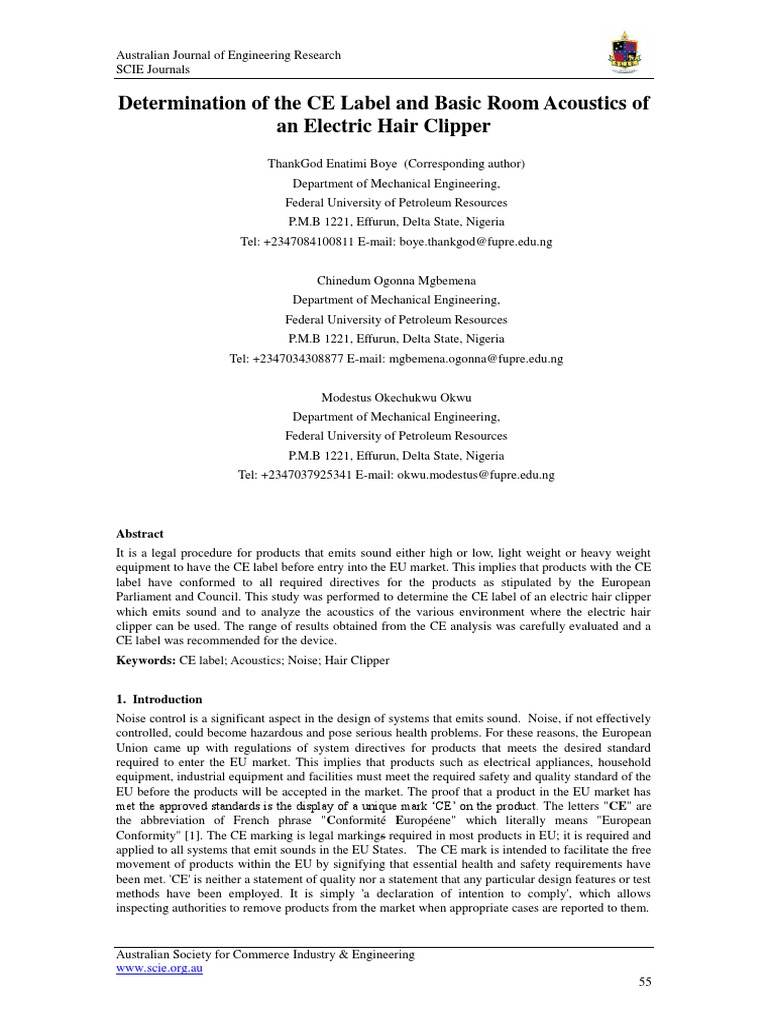 Determination of The CE Label and Basic Room Acoustics of An Electric ...
