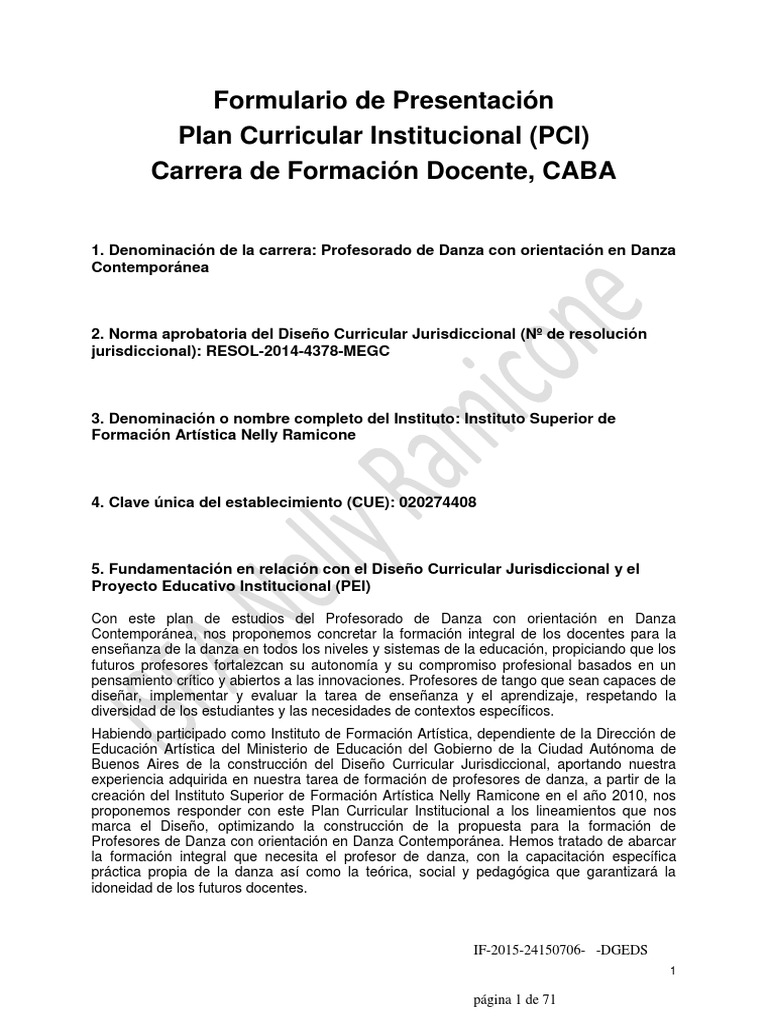 Formulario de Presentación Plan Curricular Institucional (PCI) Carrera de Formación Docente ...