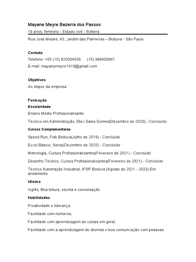 Currículo de Mayane Bezerra | PDF