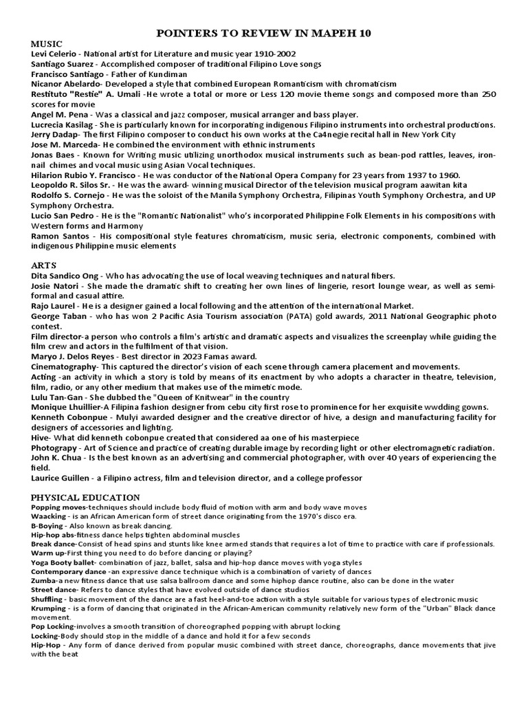 MAPEH 10 POINTERS | PDF