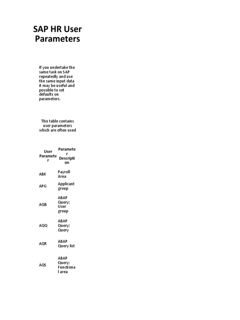 SAP User Parameters | Download Free PDF | Computing | Software Development