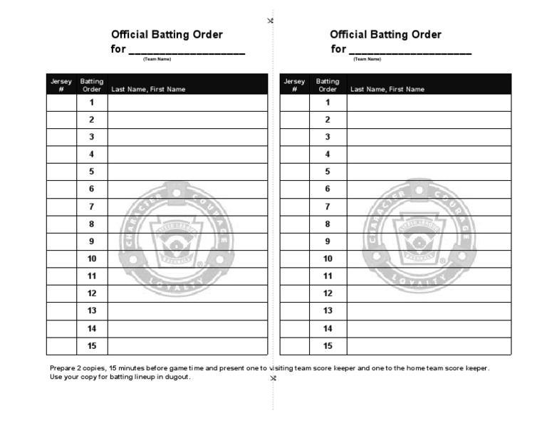 Official Baseball Batting Order Sheet | PDF