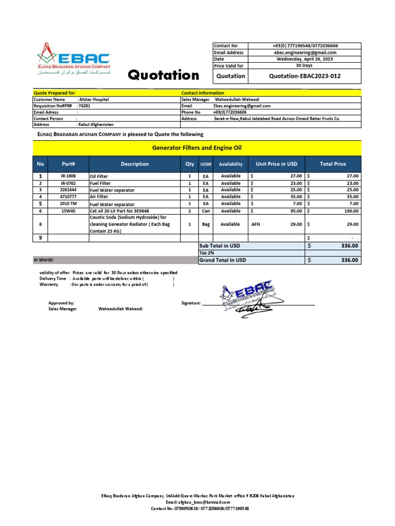 Quotation For Generator Filters - 74282 | PDF | Chemical Substances | Materials