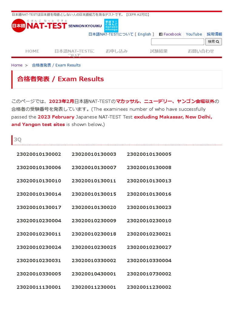 合格者発表 / Exam Results: Home ⽇本語NAT-TESTに ついて お申し込み 試験結果 お問い合わせ | PDF