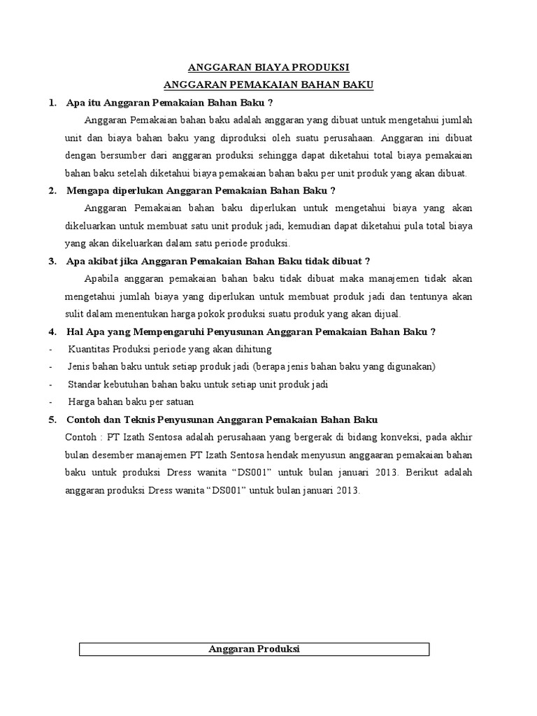 Anggaran Produksi Anggaran Pemakaian Bahan Baku | PDF