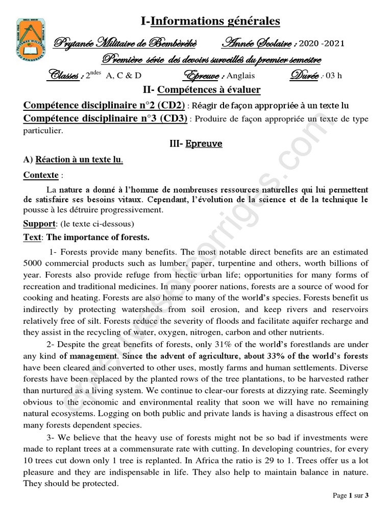 1er Devoir Du 1er Semestre Anglais 2nde Acd 2020-2021 Prytanee Militaire de Bembereke | PDF ...