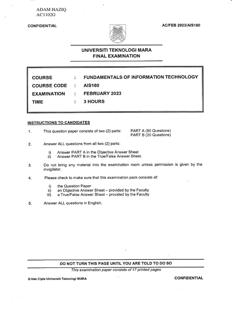 Ais160 Final Examination Feb 2023 | PDF | Computer Network | Random Access Memory