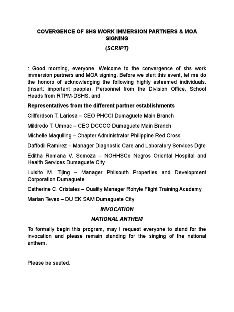 Covergence of Shs Work Immersion Partners & Moa Signing (Script) | PDF