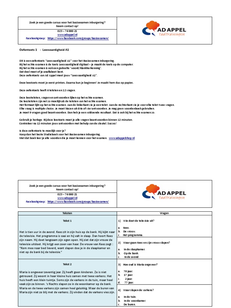 Oefentoets 1 Leesvaardigheid A1 Basisexamen Inburgering | PDF