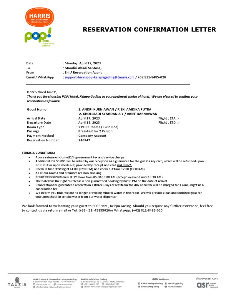 Reservation Confirmation Letter | PDF