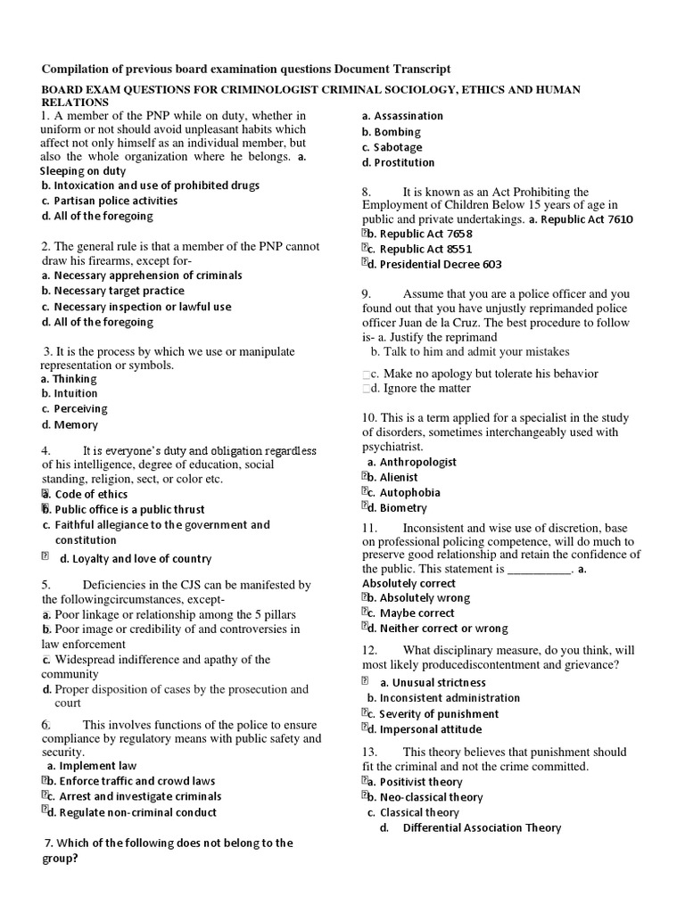 5TH - Compilation of Previous Board Examination Questions Document Transcript | PDF | Crimes ...