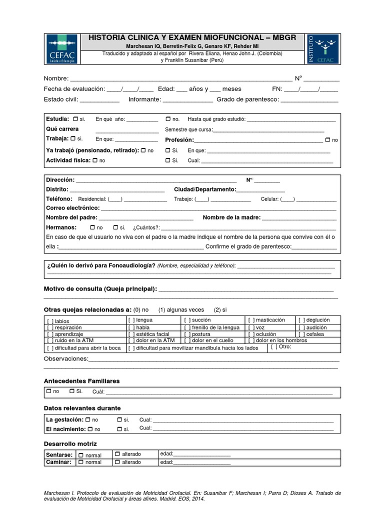 PROTOCOLO MBGR DE EVALUACION MIOFUNCIONAL OROFACIAL - Espanol | PDF | Bienestar | Medicina