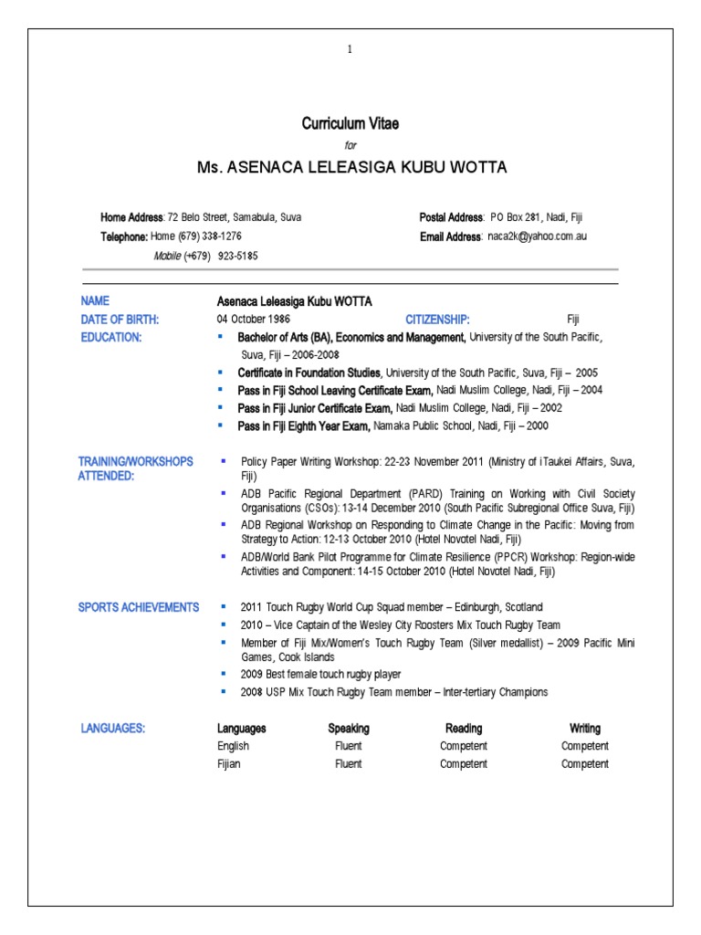 Curriculum Vitae Ms. Asenaca Leleasiga Kubu Wotta | PDF | Fiji | Asian ...
