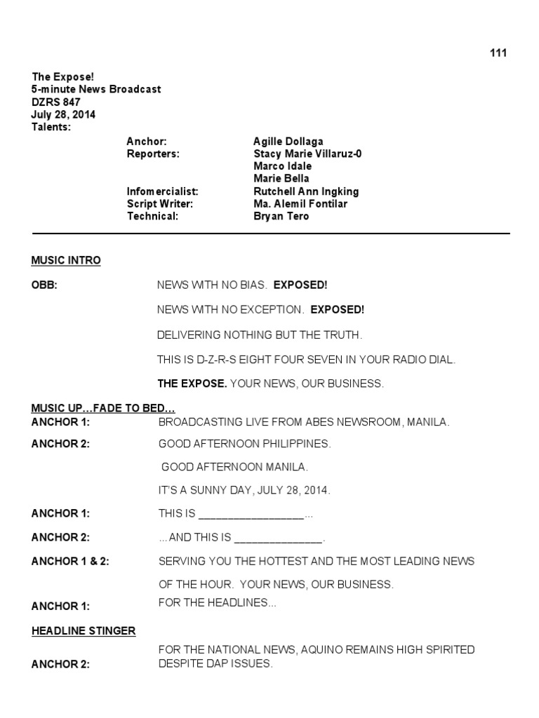 Sample 5 Minute Broadcast Script | Pdf | Benigno Aquino Iii