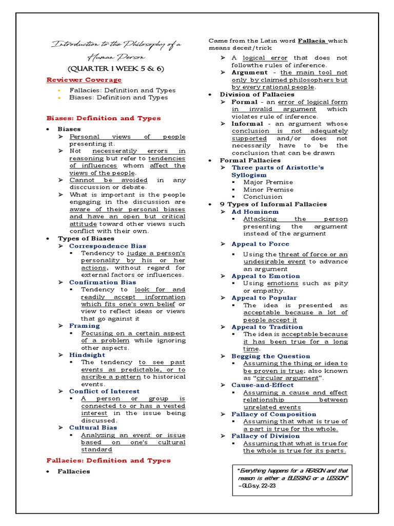 Introduction To The Philosophy of A Human Person Week 5&6 | PDF | Argument | Fallacy