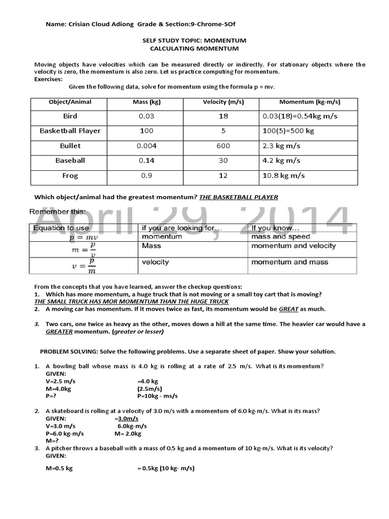 Momentum Calculations and Exercises | PDF