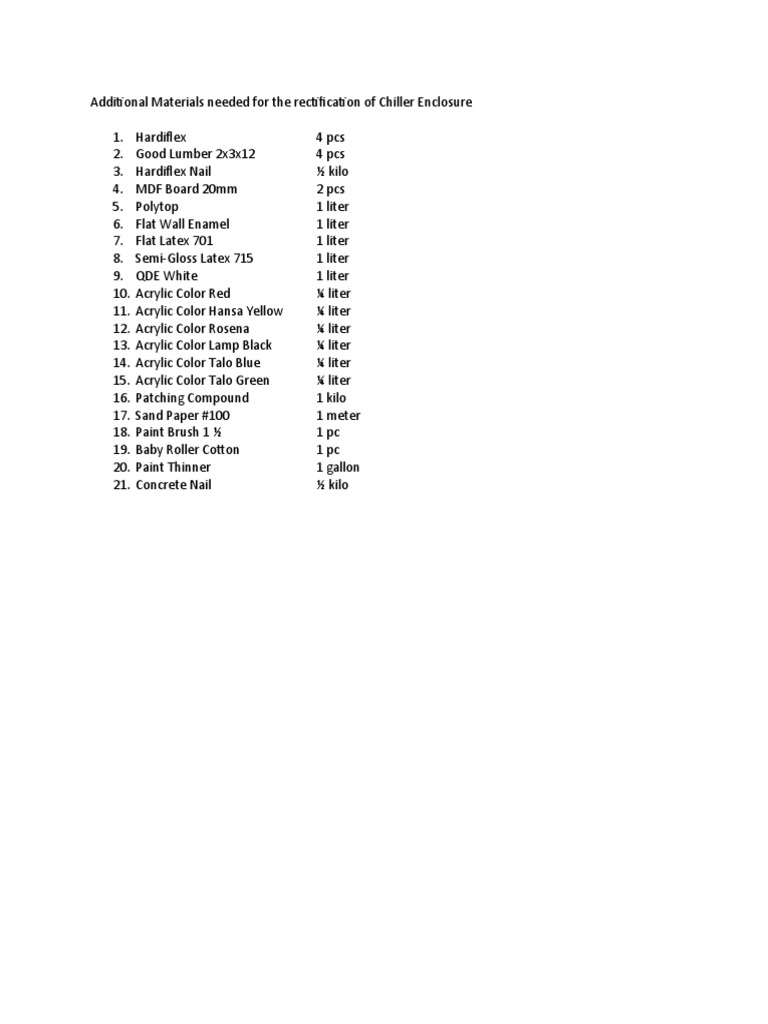 Additional Materials Needed For The Rectification of Chiller Enclosure | PDF
