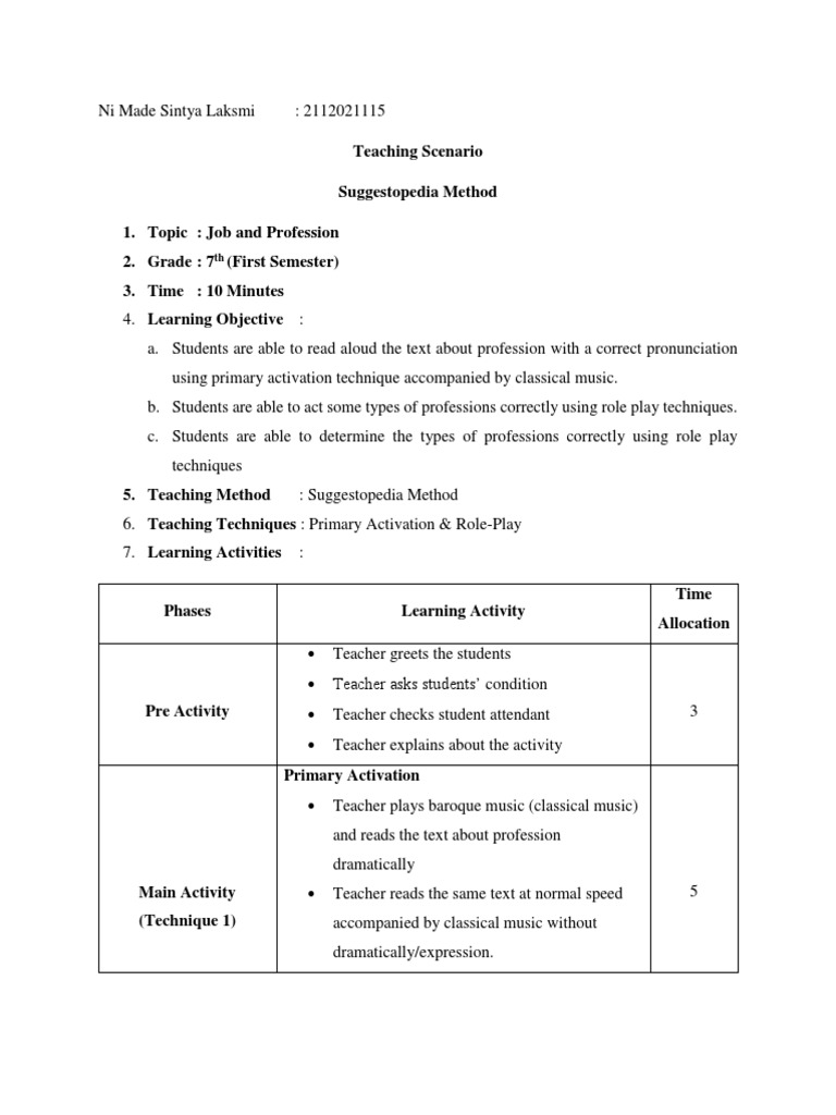 Teaching Scenario TEFL | PDF | Teachers | Learning