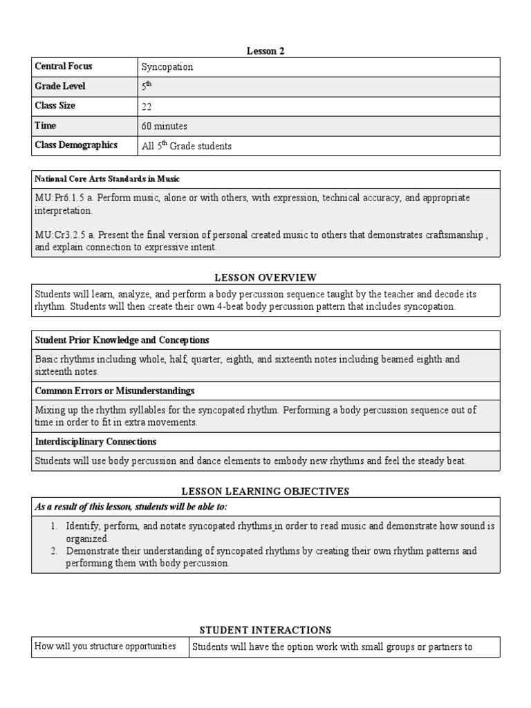 Edtpa Lesson 2 | PDF | Rhythm | Learning