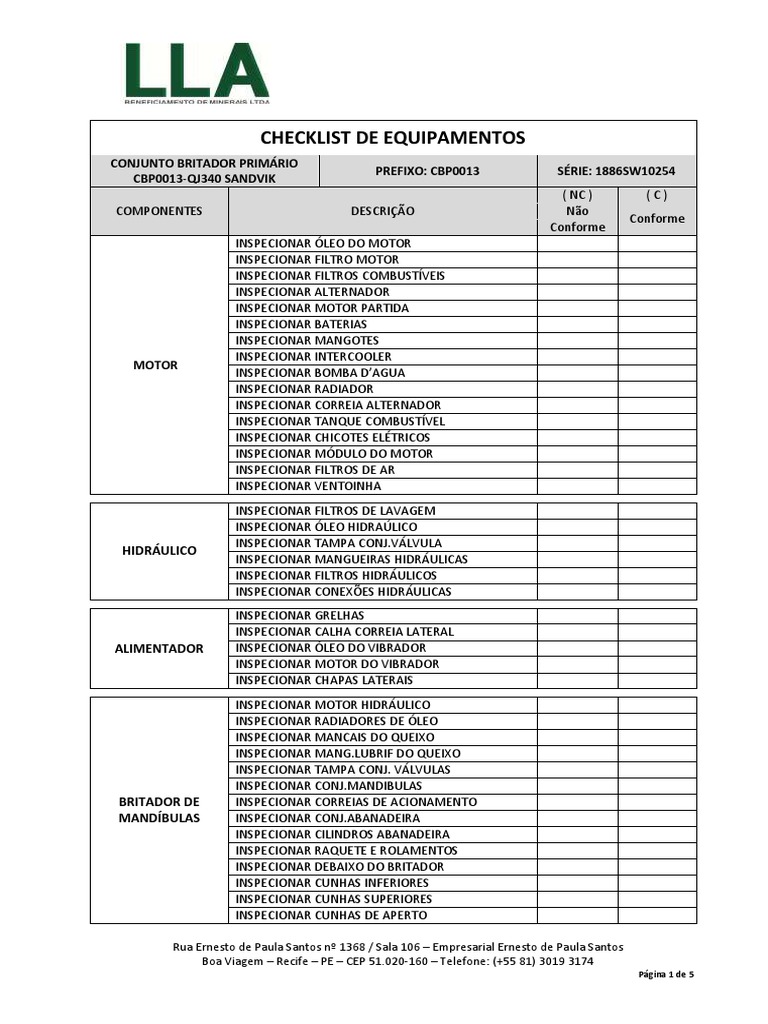 LLA - Checklist Dos Equipamentos | PDF | Motores | Radiador