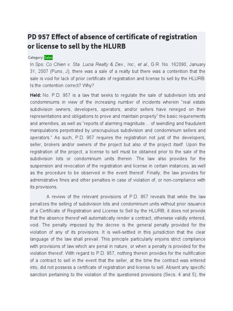 PD 957 Effect of Absence of Certificate of Registration or License To ...