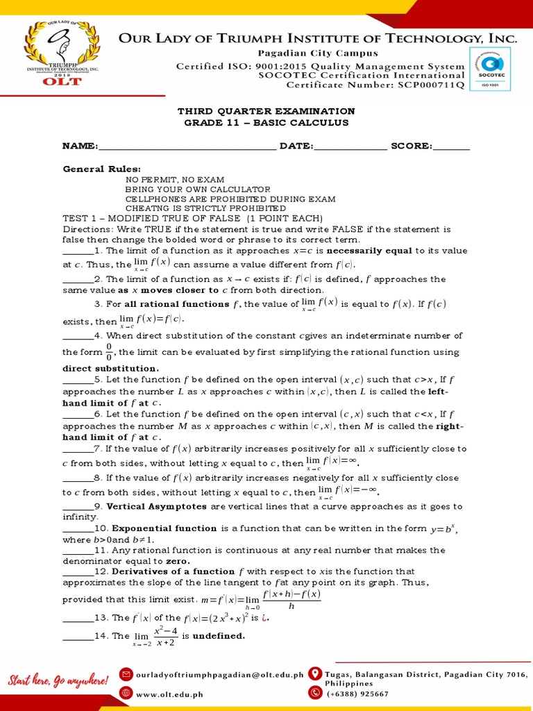 Third Quarter Examination Grade 11 - Basic Calculus NAME: - DATE: - SCORE: - General Rules | PDF ...