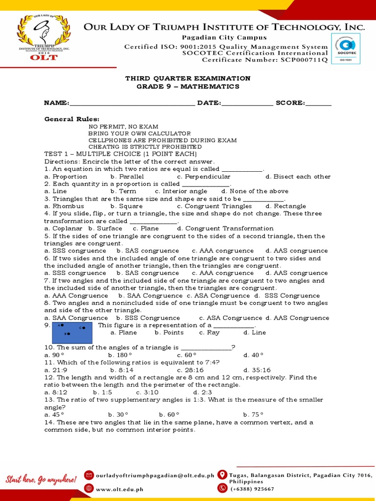 Third Quarter Examination Grade 9 - Mathematics NAME: - DATE: - SCORE ...